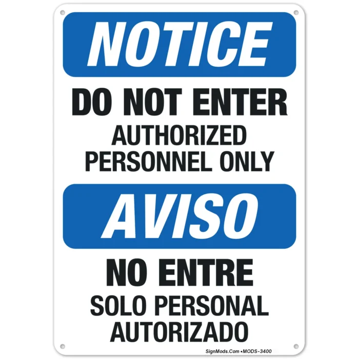 Bilingual Do Not Enter Authorized Personnel Only Sign, OSHA Sign ...